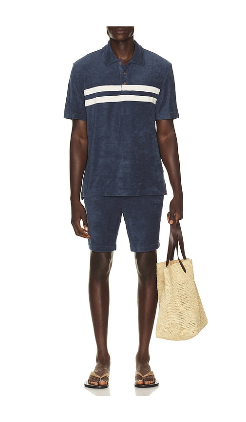 FAHERTY BRAND faherty cabana towel terry surf stripe polo in blue.